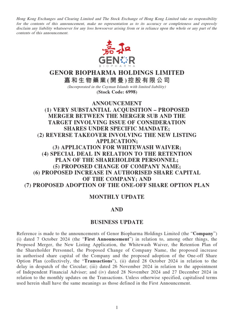 2025 Very Substantial Acquisition Genor Biopharma Holding 6998 | PDF ...