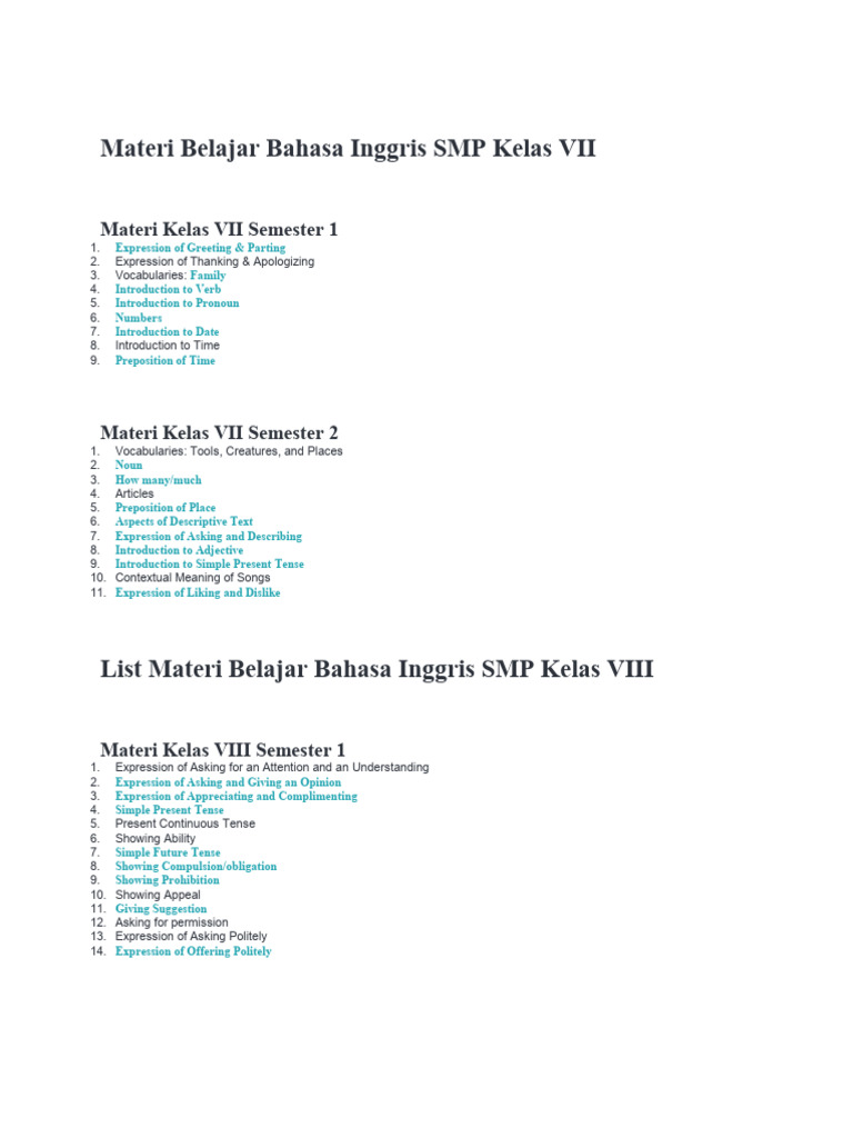 Materi Belajar Bahasa Inggris SMP Kelas VII | PDF | Verb | Semantic Units
