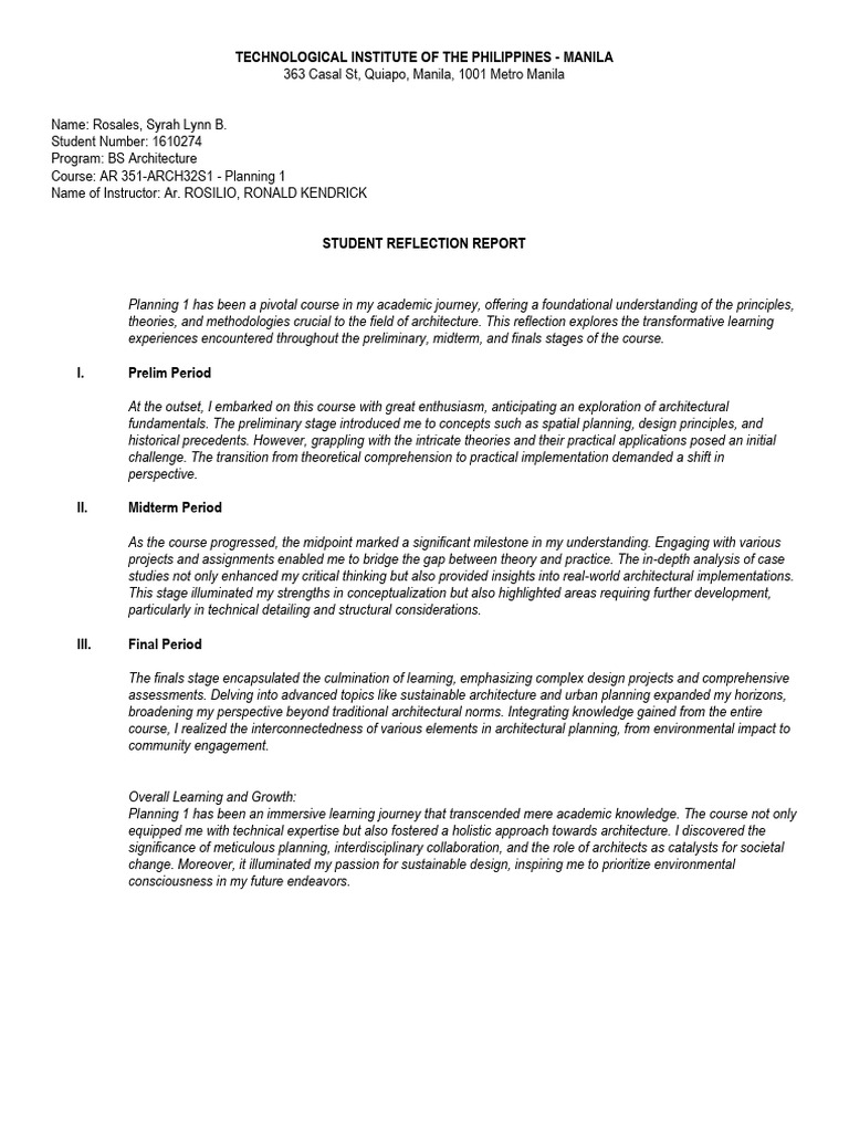 Rosales Syrah Student Reflection Report | PDF | Learning | Cognition