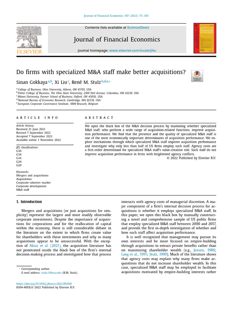 Jfe 2023 Do Firms With Specialized M&a Staff Make Better Acquisitions | PDF | Mergers And ...