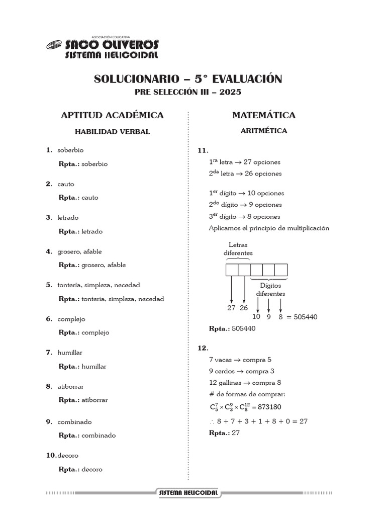 SOLUCIONARIO 5° EVALUACIÓN PRE SELECCIÓN 3 | PDF | Aritmética | Matemáticas