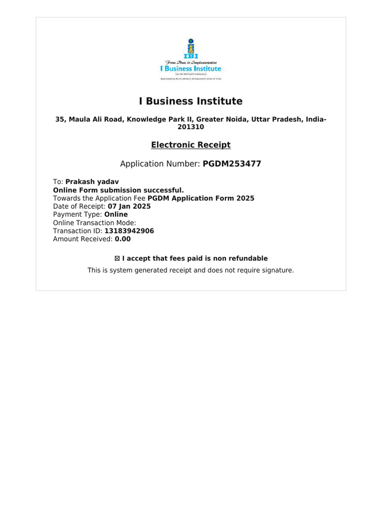 PGDM Application Receipt 2025 | PDF