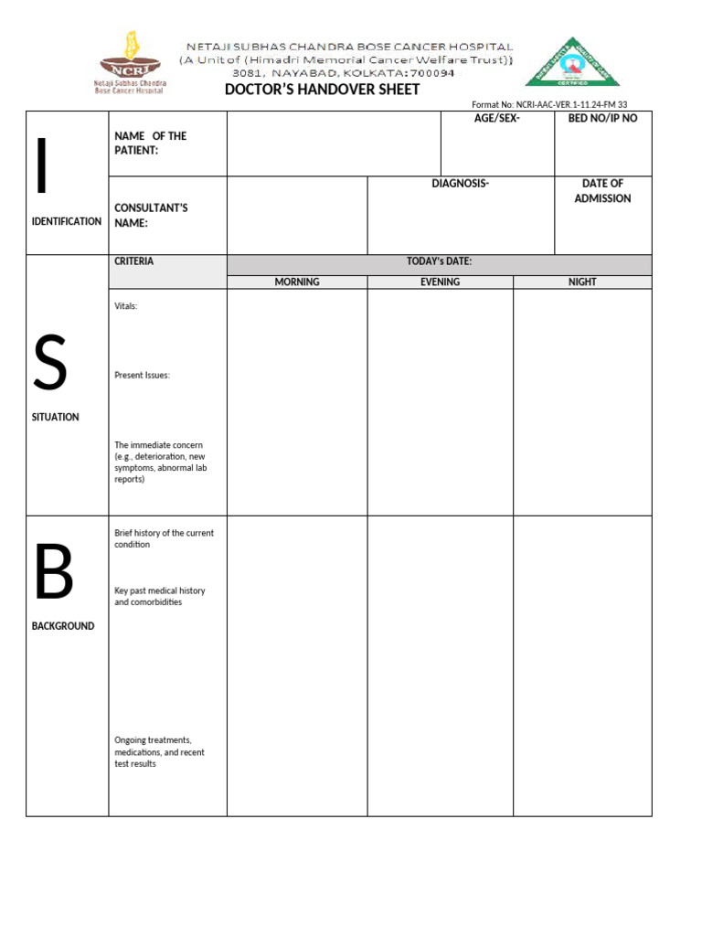 NCRI-AAC-VER.1-11.24-FM 33 Doctor Handover Sheet-NCRI | PDF