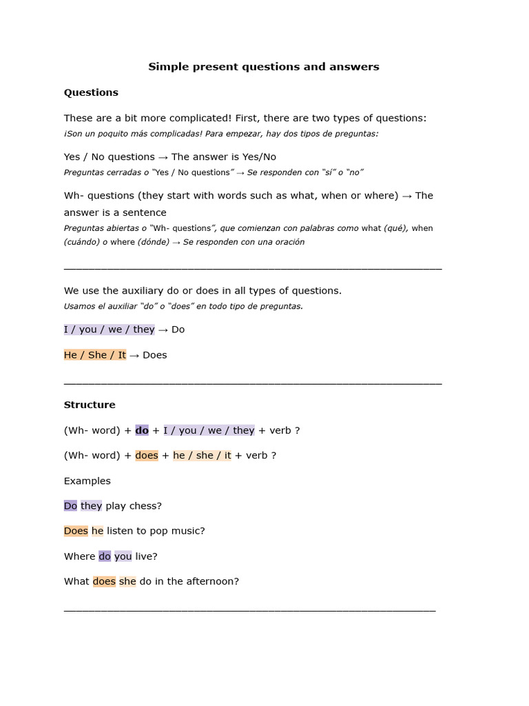 Simple Present Questions and Answers | PDF