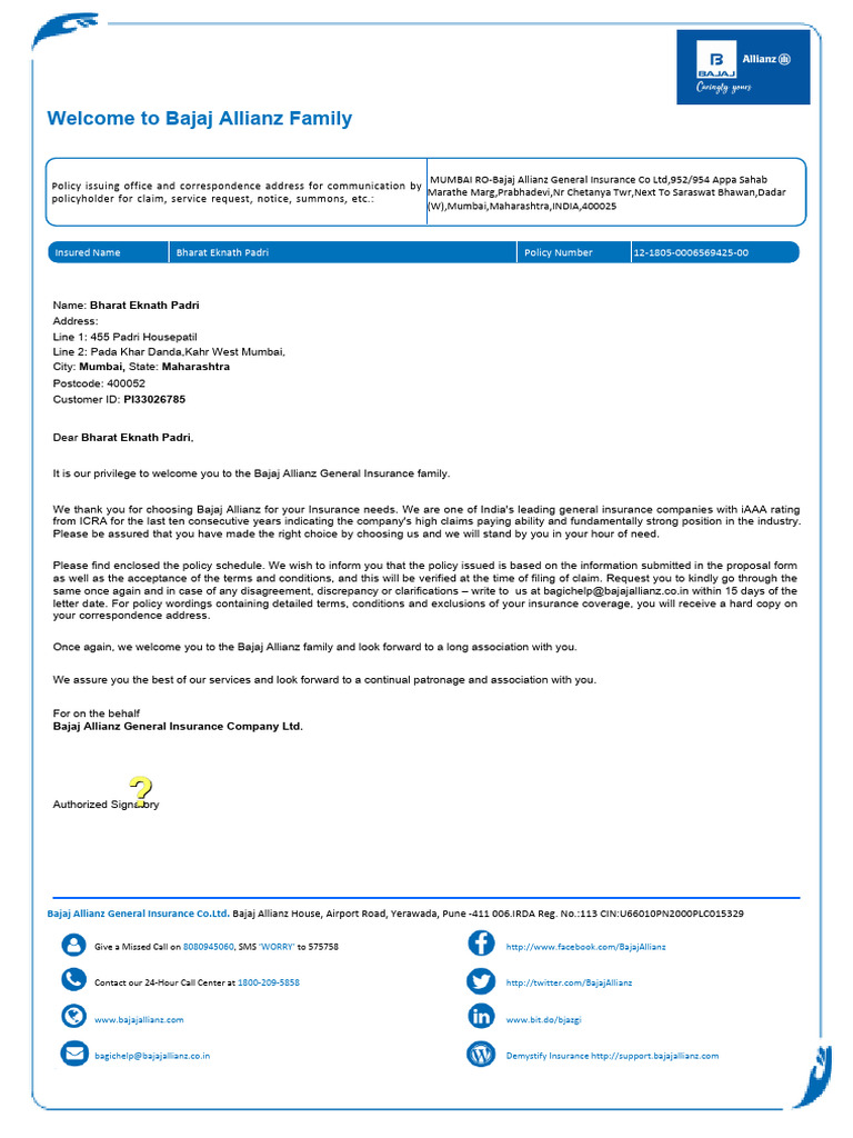 Bajaj Allianz Insurance Welcome Letter | PDF | Insurance | Liability ...