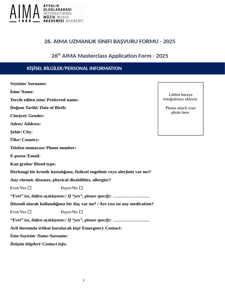 AIMA 2025 Masterclass Başvuru Formu Application Form | PDF