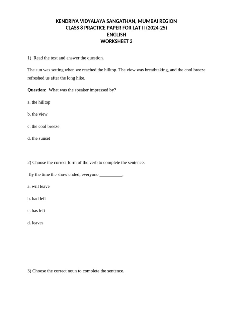 Class 8 English Worksheet 3 | PDF | Cognition