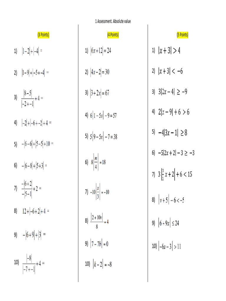1 Assessement. Absolute Value | PDF