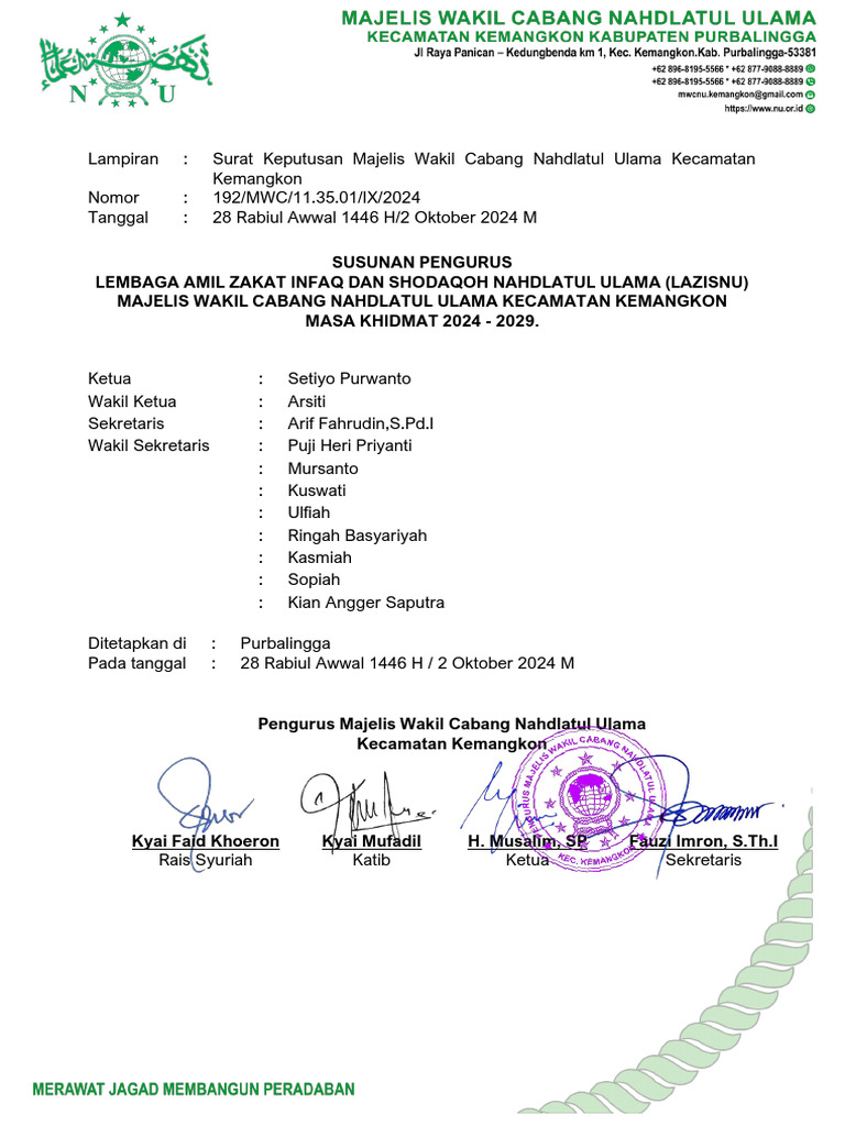 Susunan Pengurus Lazisnu 2024-2029 | PDF