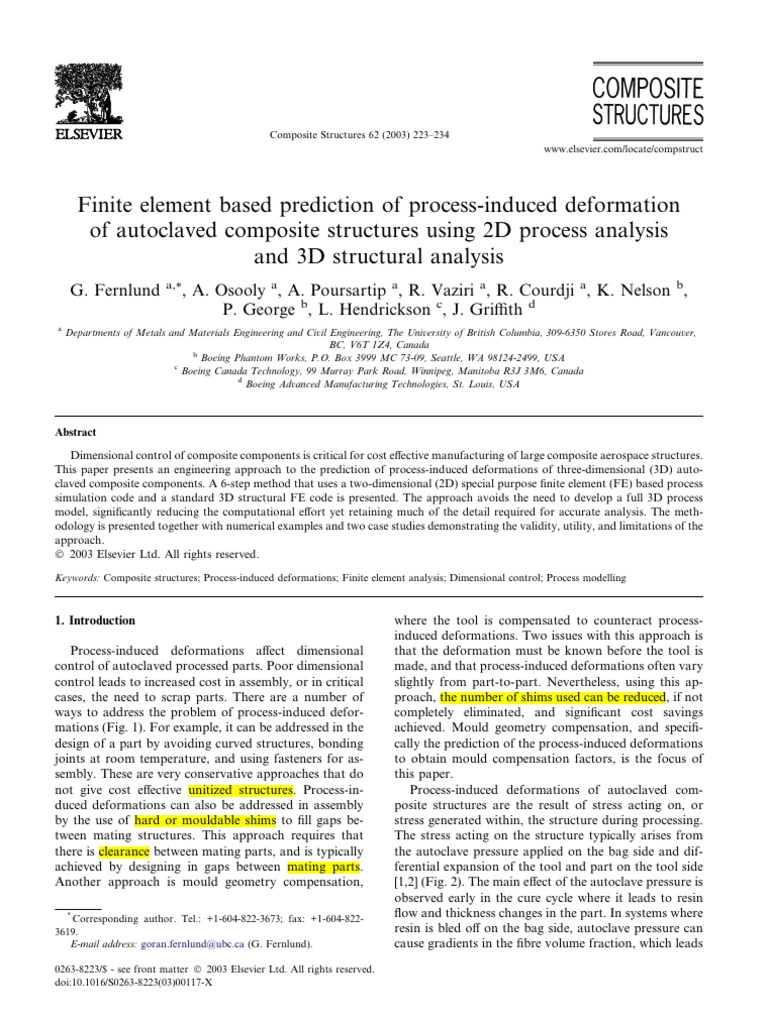 Fernlund Et Al. - 2003 - Finite Element Based Prediction of Process-Induced Deformation of ...