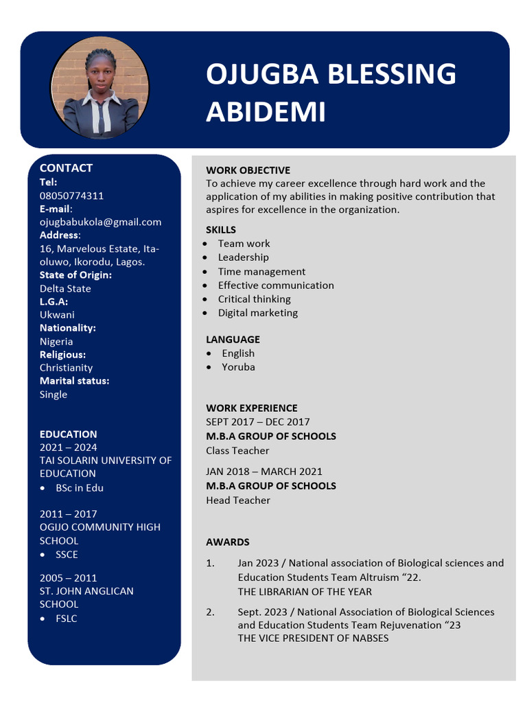 CV Ojugba Blessing - 062157 | PDF