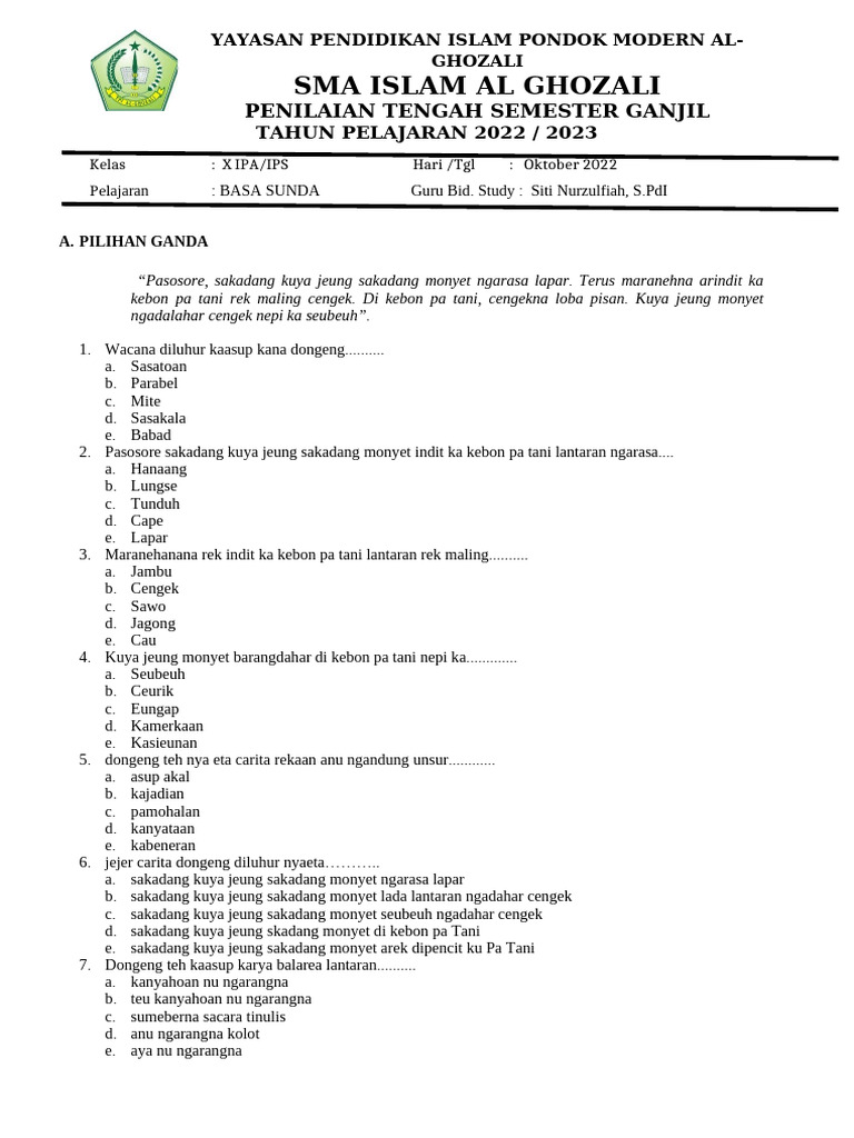 Soal PTS Ganjil X, Xi, Xii 2223 | PDF