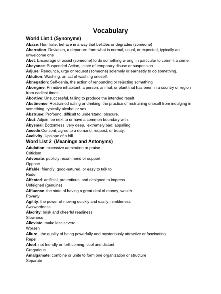 Vocabulary Synonyms Antonyms | PDF