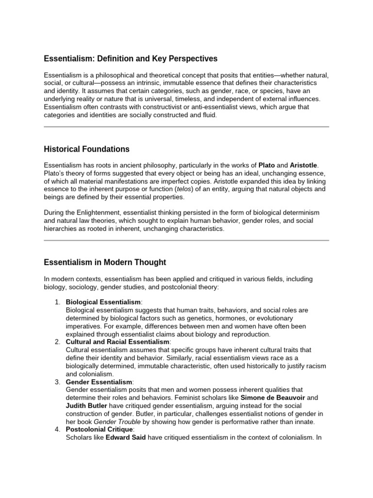 Essentialism - Definition and Key Perspectives | PDF | Essentialism ...
