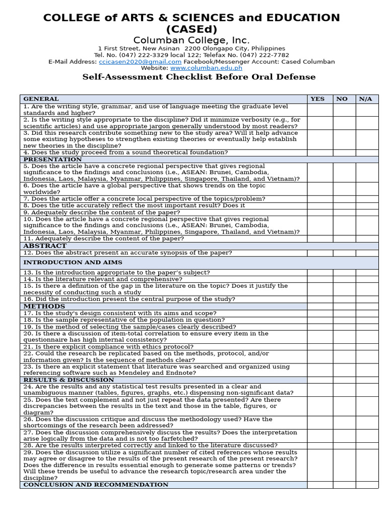 Oral Defense Self-Assessment Checklist | PDF | Academic Publishing ...