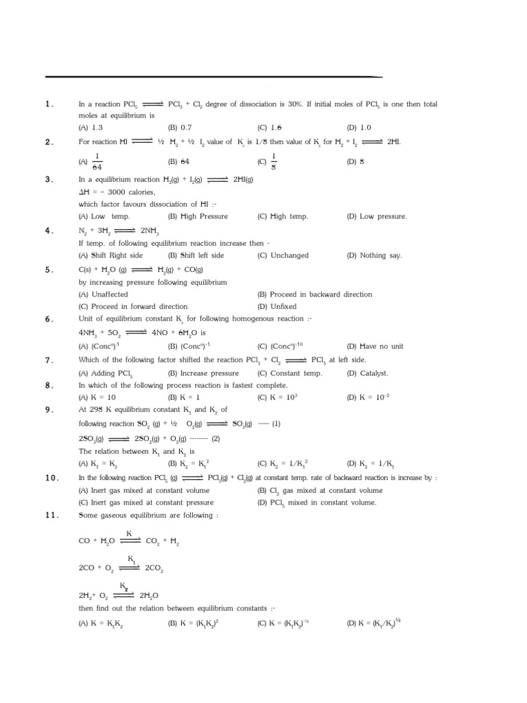 Chemical Equilibrium - Exercises | PDF | Chemical Equilibrium | Dissociation (Chemistry)