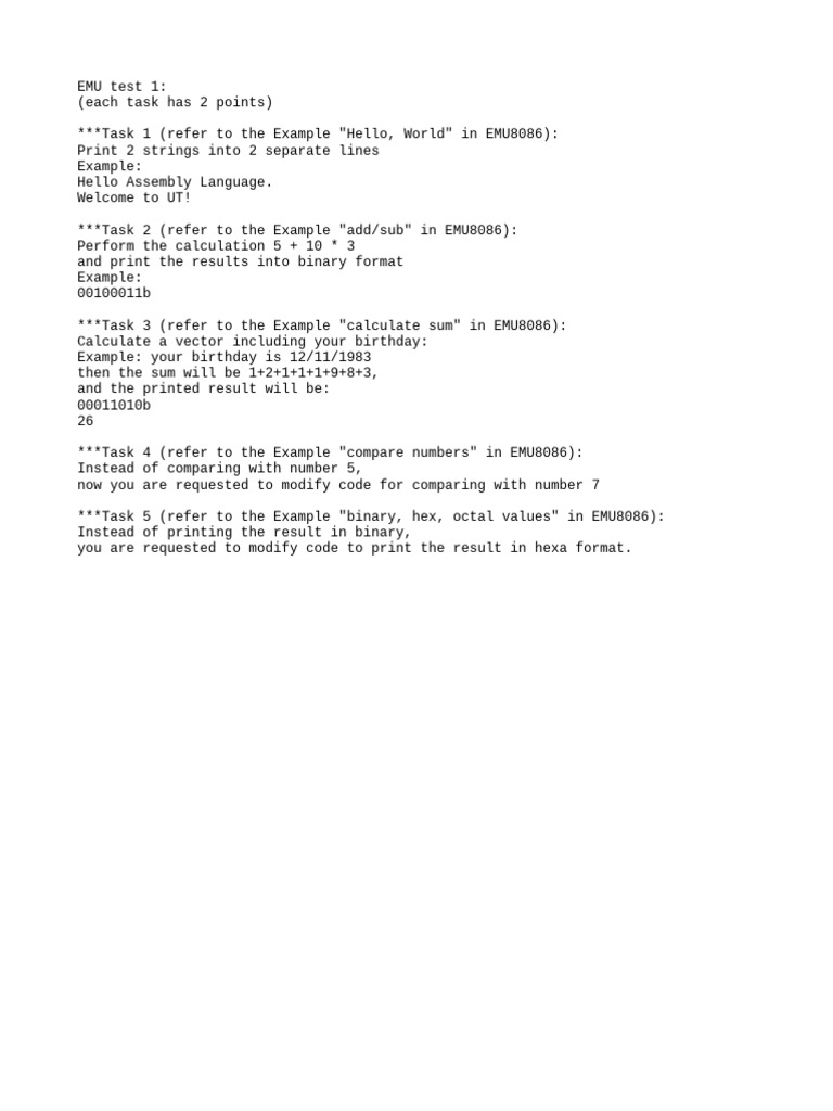 EMU8086 Test Tasks and Examples | PDF