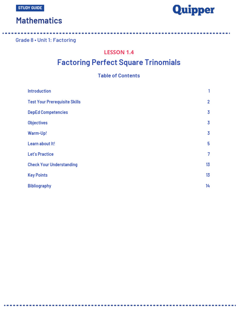 Factoring Perfect Square Trinomials Pdf Factorization Area