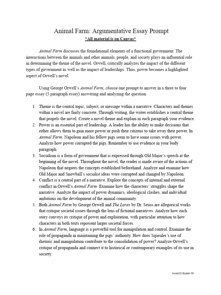 Animal Farm Essay Prompt | PDF | Essays