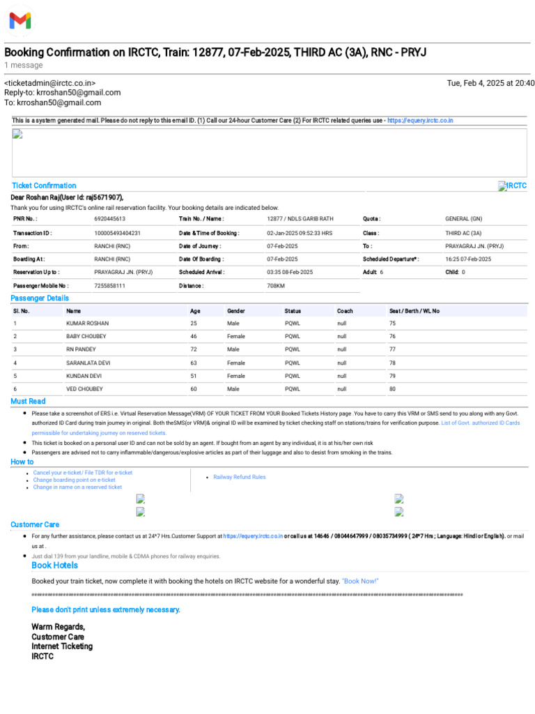 Gmail - Booking Confirmation on IRCTC, Train_ 12877, 07-Feb-2025, THIRD ...