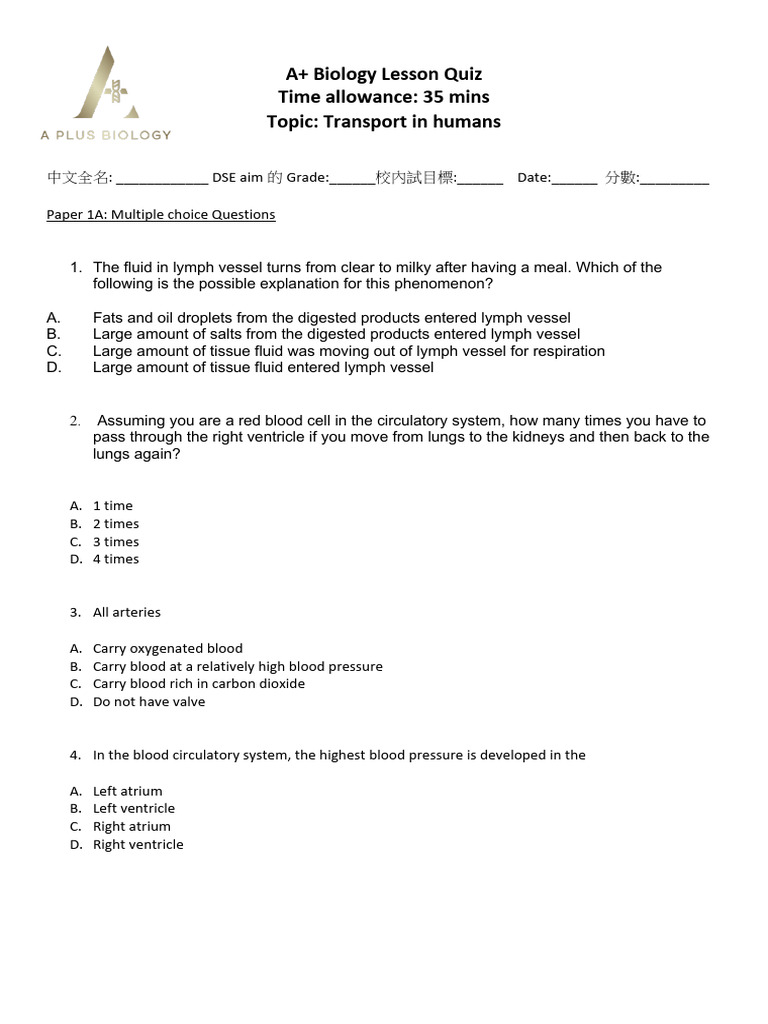 Human Circulatory System Quiz | PDF | Blood Vessel | Heart