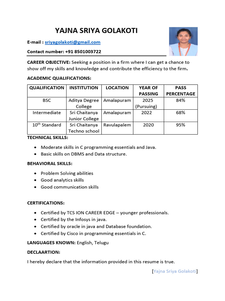 G Yajna Sriya - Resume | PDF