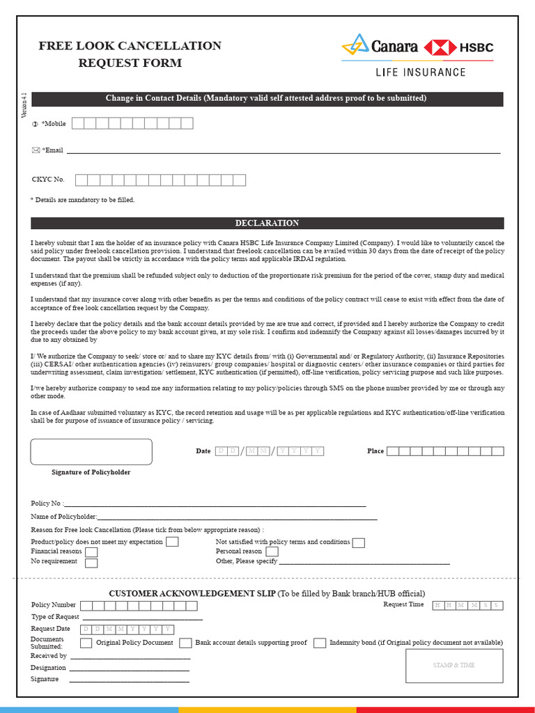 Free Look Cancellation Request Form | PDF | Insurance | Business Law