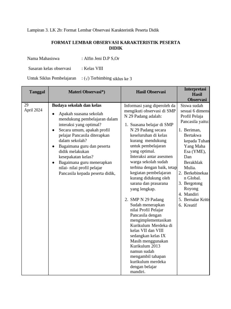 01.05.6-B4-10 Unggah LK 4 - Lembar Observasi Pembelajaran - Siklus 3 Zoni Ainul Rifky T4 | PDF