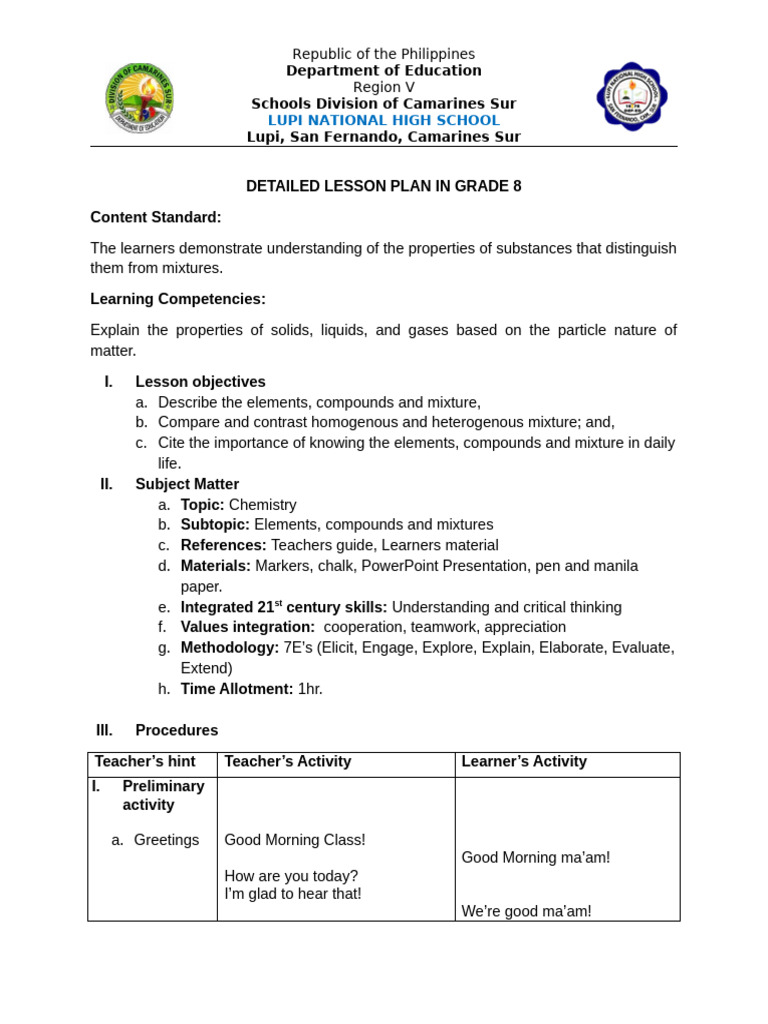 Grade 8 Chemistry Lesson Plan: Matter | PDF | Chemical Substances ...
