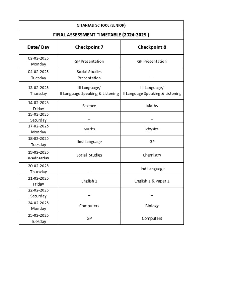 Final Assessment TIme Table | PDF