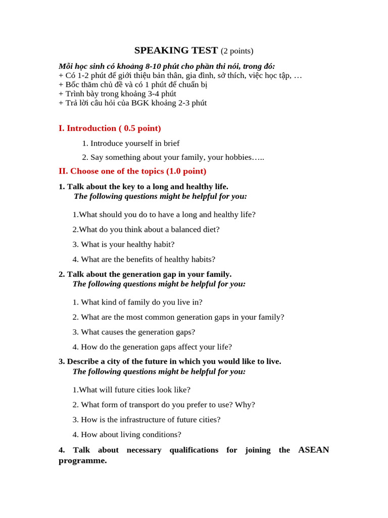 SPEAKING TEST- ENGLISH 11 | PDF