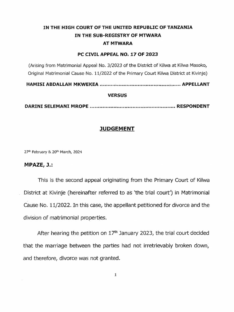 Hamisi Abdallah Mkwekea Vs Darini Selemani Mrope (PC Civil Appeal No 17 of 2023) 2024 TZHC 1109 ...