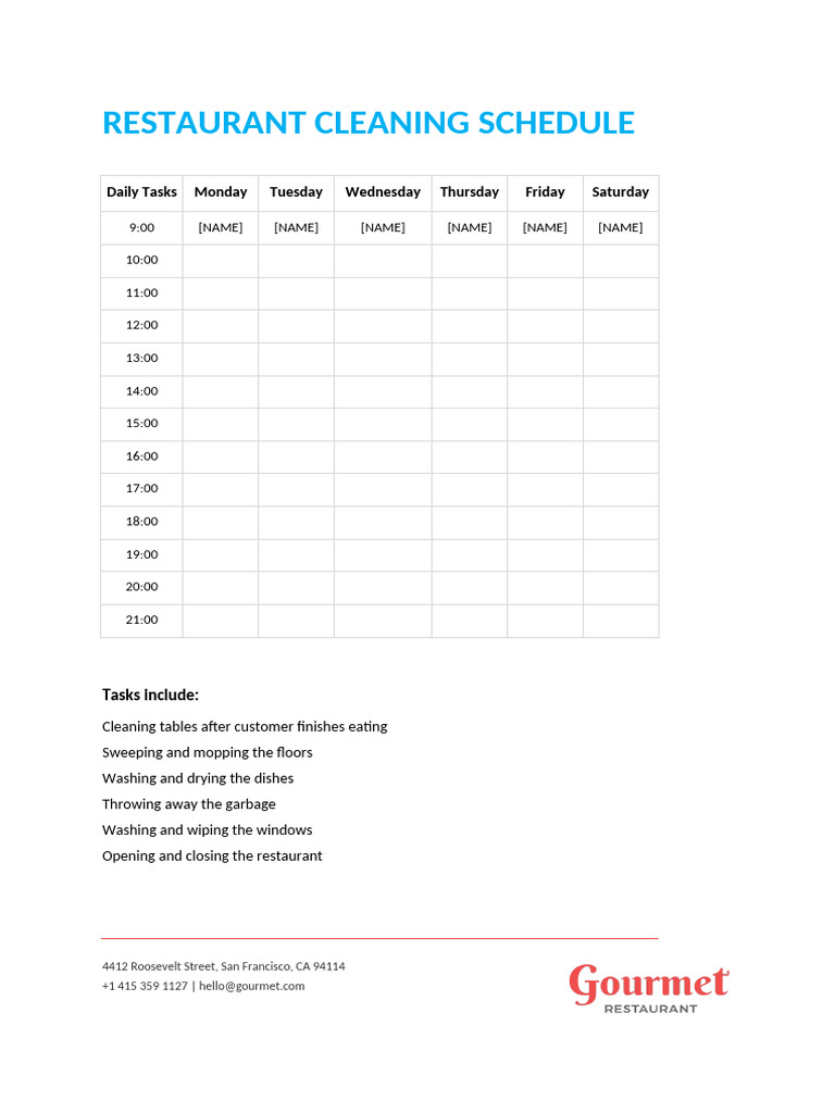 Restaurant Cleaning Schedule | PDF | Restaurants