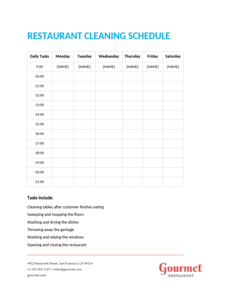Restaurant Weekly Cleaning Schedule | PDF | Restaurants
