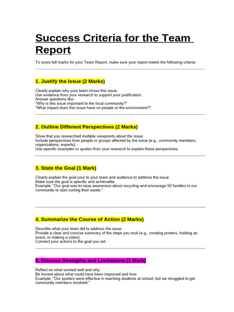Team Report Success Criteria Guide | PDF | Goal | Thought