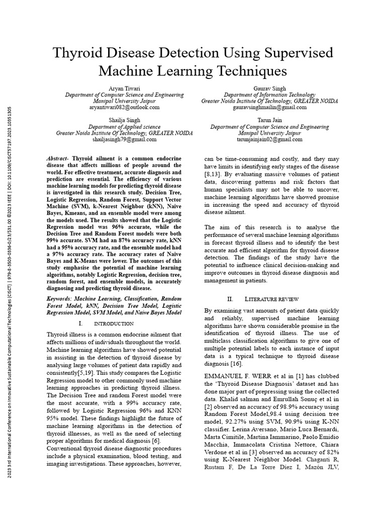 96.Thyroid Disease Detection Using Supervised Machine Learning Techniques (1) | PDF | Machine ...