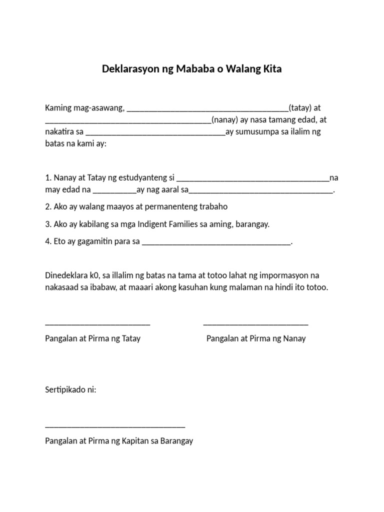 BOTH Prents - Deklarasyon NG Mababa o Walang Kita. | PDF