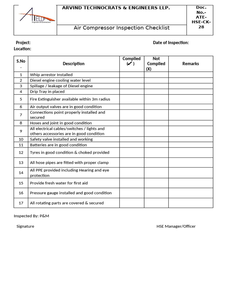 Doc. No.-ATE-HSE-CK-28-Air Compressor Inspection Checklist | PDF