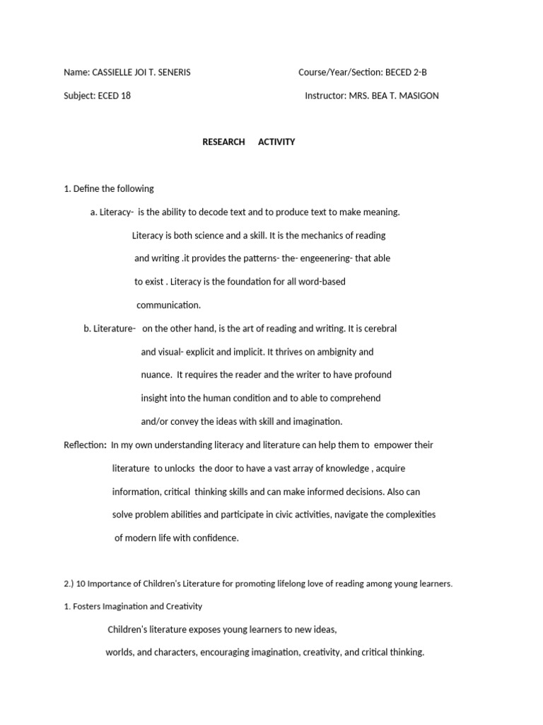 Señeris - ECED18 (RESEARCH ACTIVITY) | PDF | Literacy | Critical Thinking