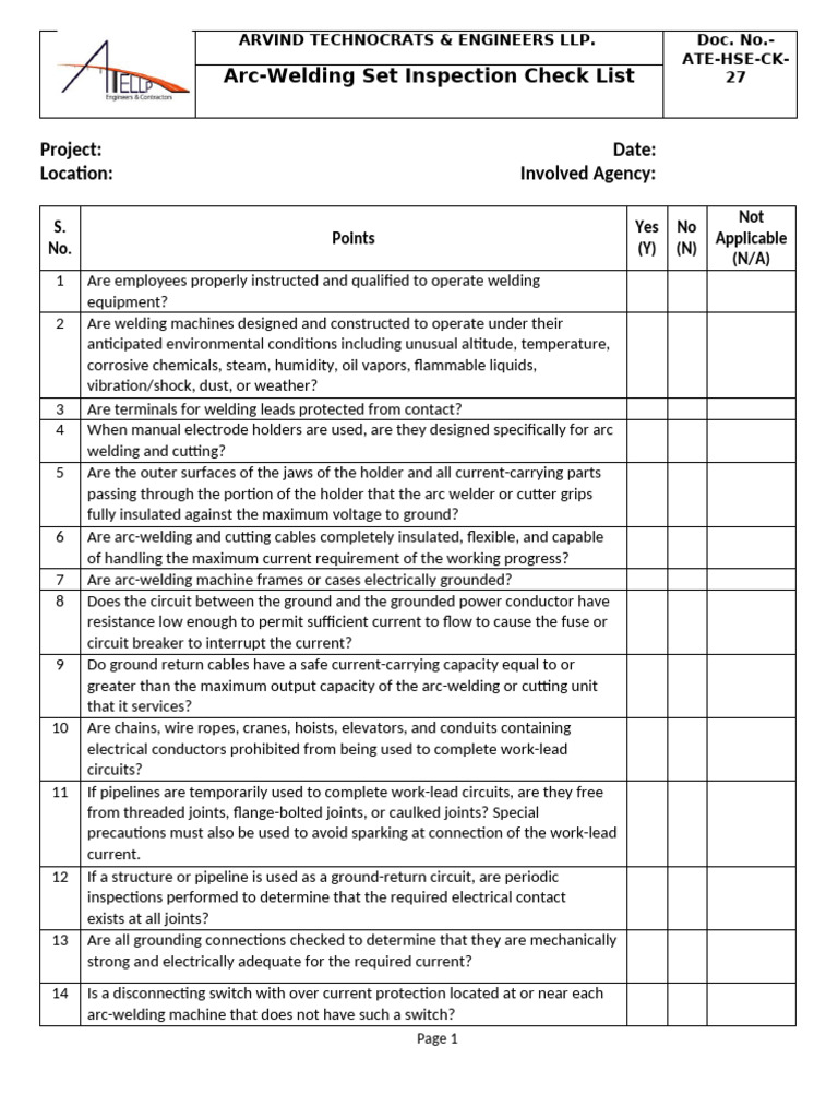Arc-Welding Equipment Safety Checklist | PDF | Welding | Construction