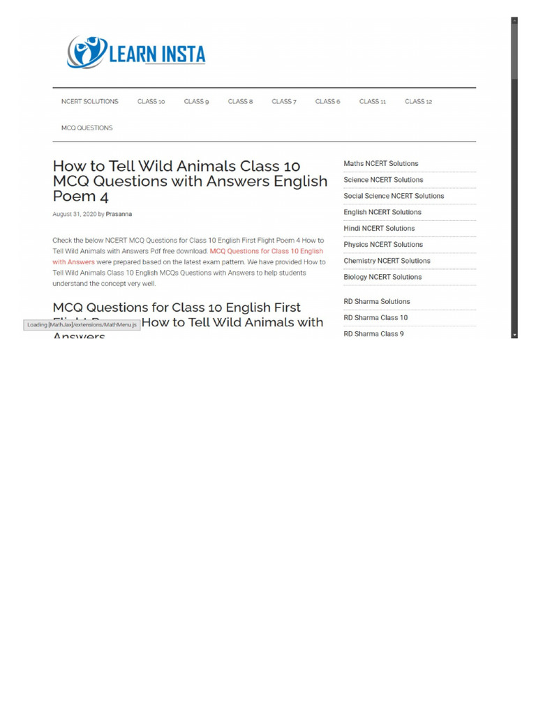 How To Tell Wild Animals Class 10 MCQ Questions With Answers English ...