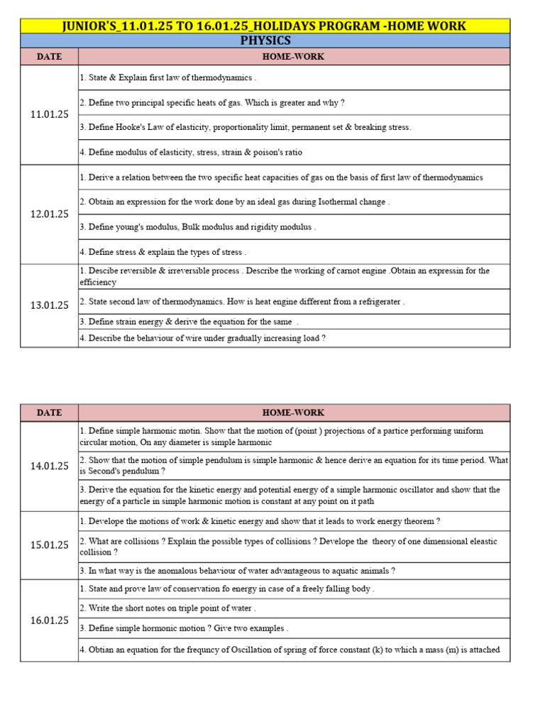 Junior's - 11.01.25 To 16.01.25 - Physics - Holidays-Home Work | PDF | Elasticity (Physics ...