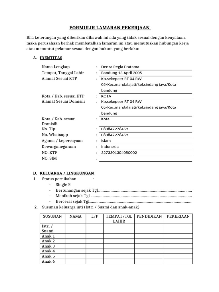 Form Lamaran Denza Regia Pratama | PDF