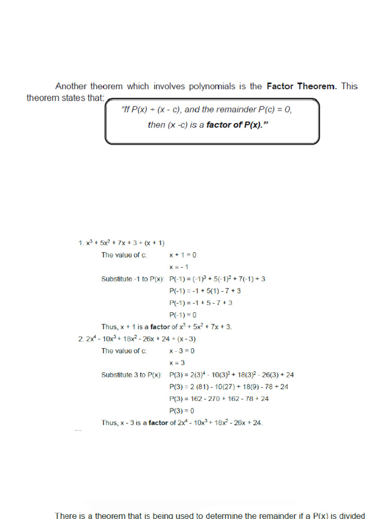 Factor Theorem Remainder Theorem Lecture | PDF