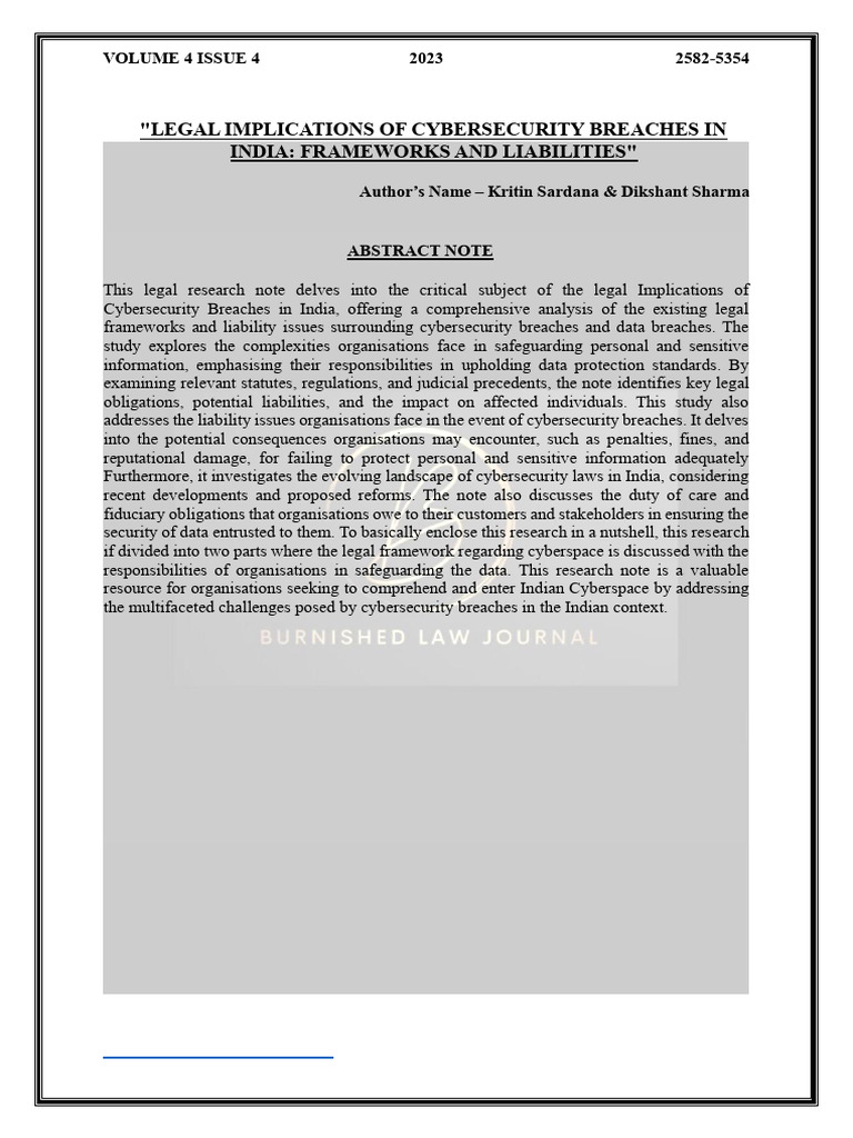 LEGAL IMPLICATIONS OF CYBERSECURITY BREACHES IN INDIA FRAMEWORKS AND LIABILITIES by Kritin ...