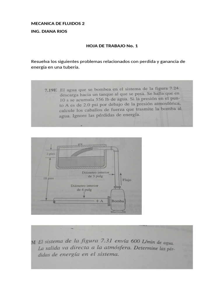 Hoja de Trabajo 1. Mecanica de Fluidos 2 | PDF