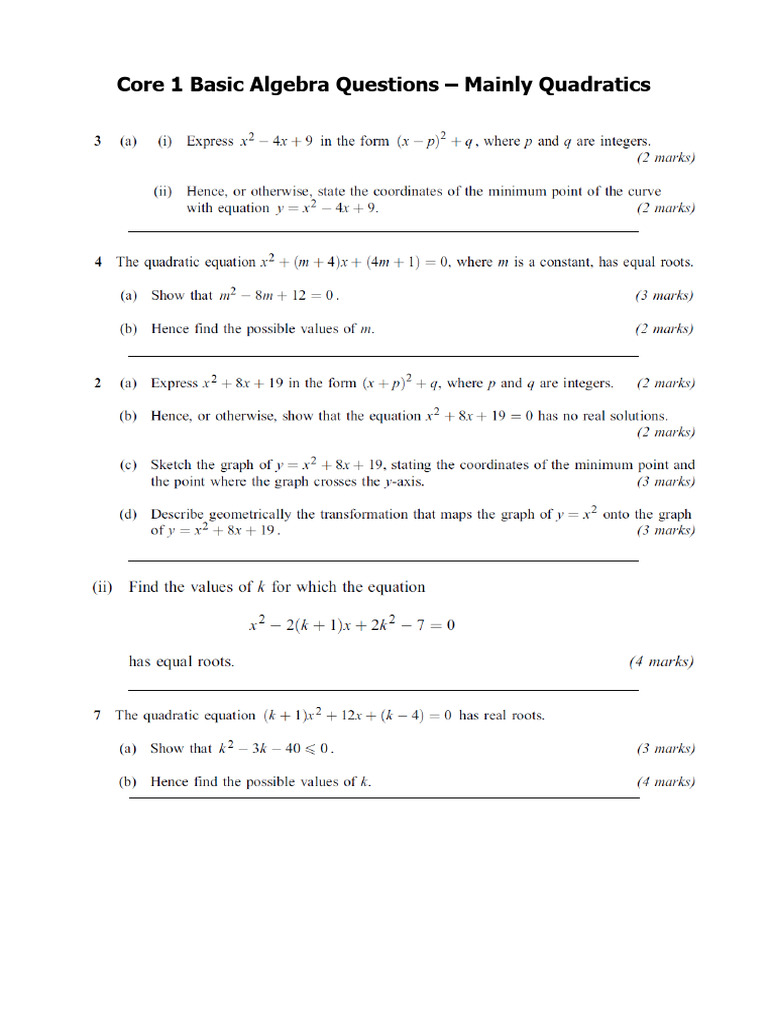C1 Algebra (Quadratics) | PDF