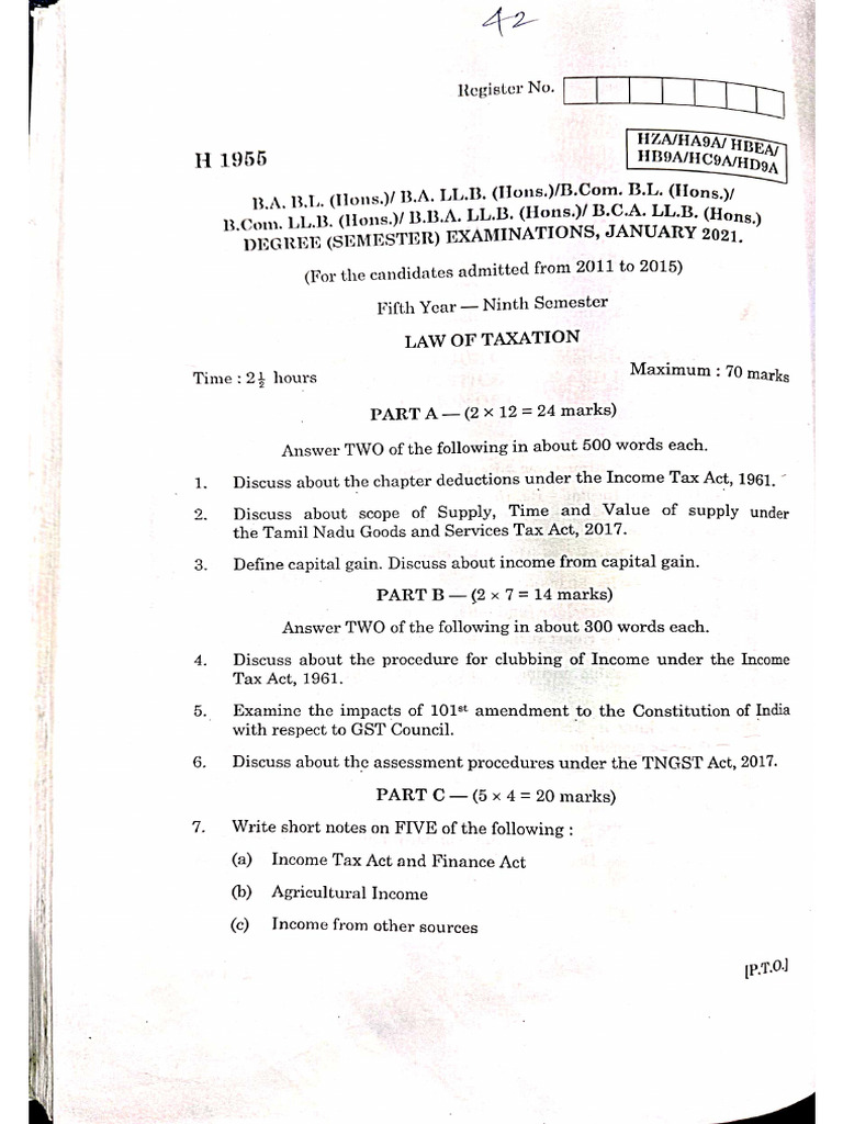 Law of Taxation Question Papers Bank | PDF