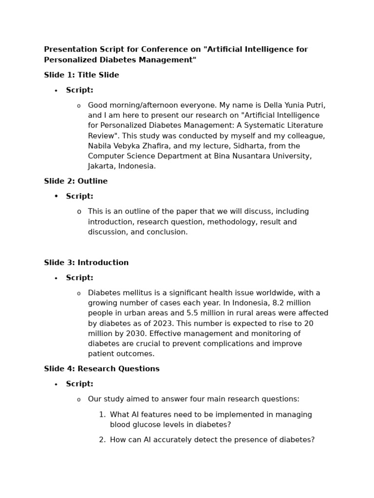 Presentation Script For Conference On | PDF | Diabetes | Artificial ...