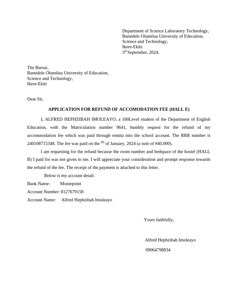 Letter of Refund For Imoleayo | PDF